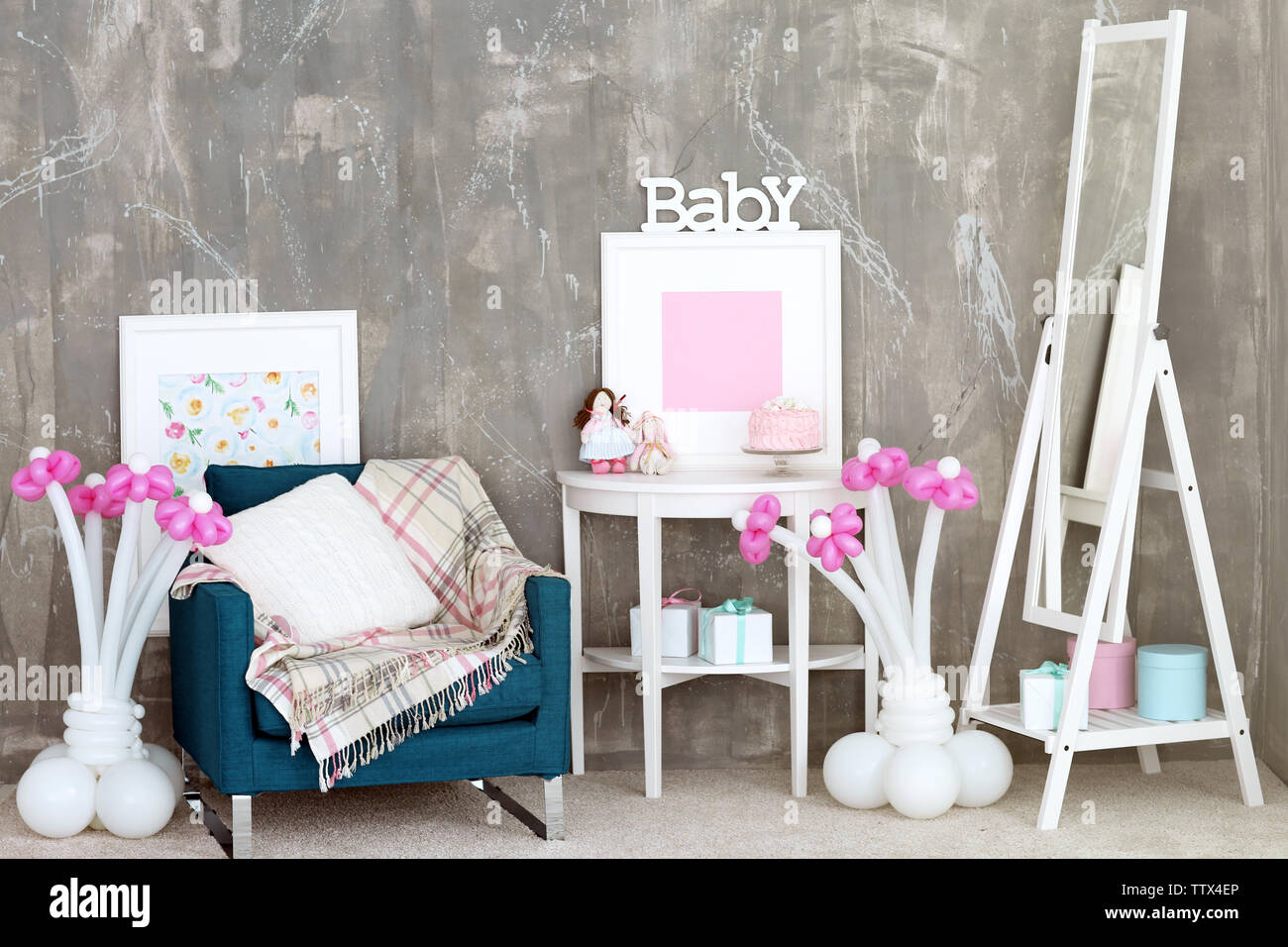 Interior of room decorated for birthday celebration Stock Photo - Alamy