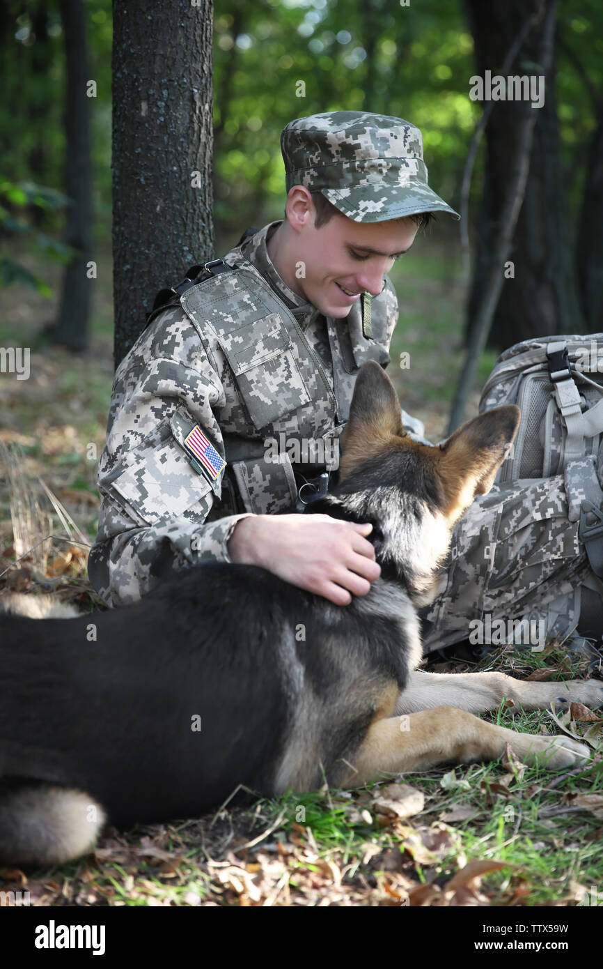 Soldier with german shepherd dog in forest Stock Photo - Alamy