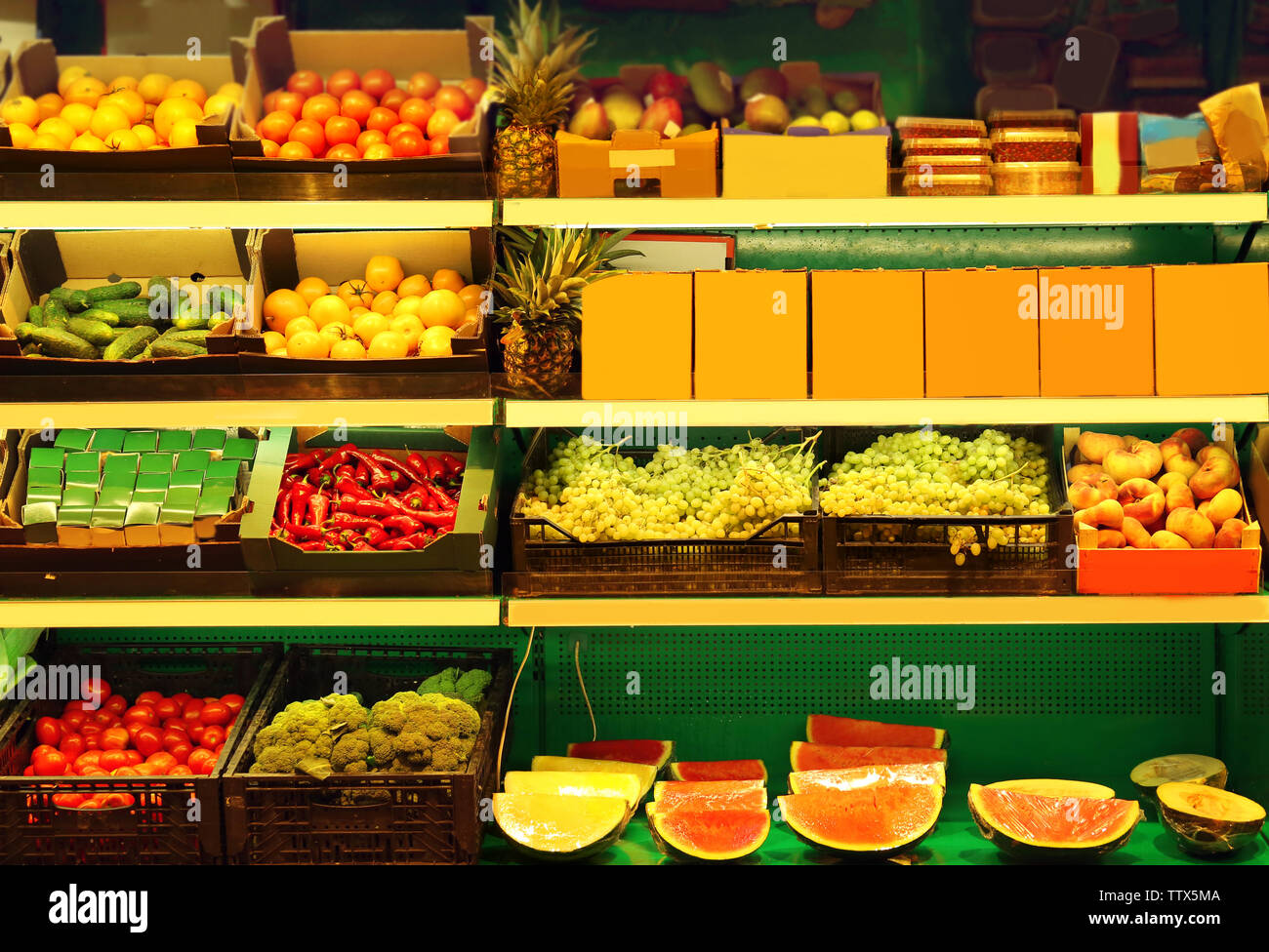 Fresh fruits and vegetables in supermarket Stock Photo - Alamy