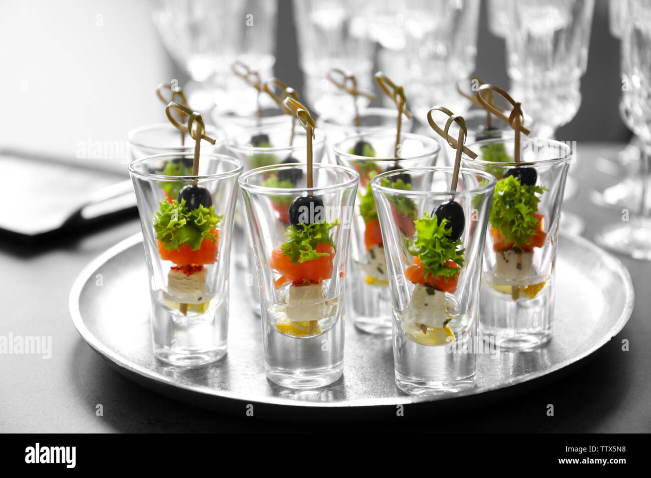 Fresh tasty canapes on tray, closeup Stock Photo - Alamy