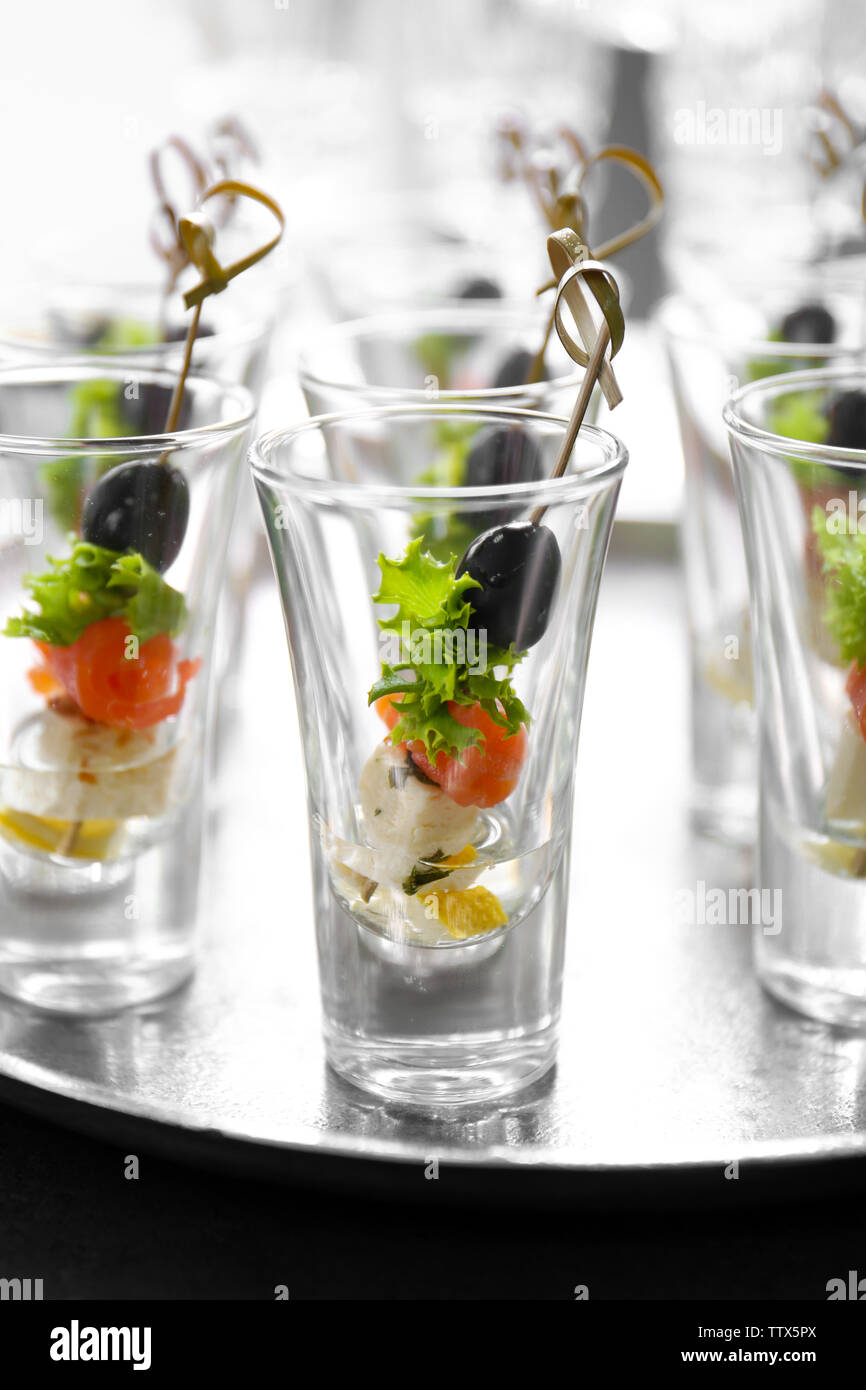 Fresh tasty canapes on tray, closeup Stock Photo - Alamy