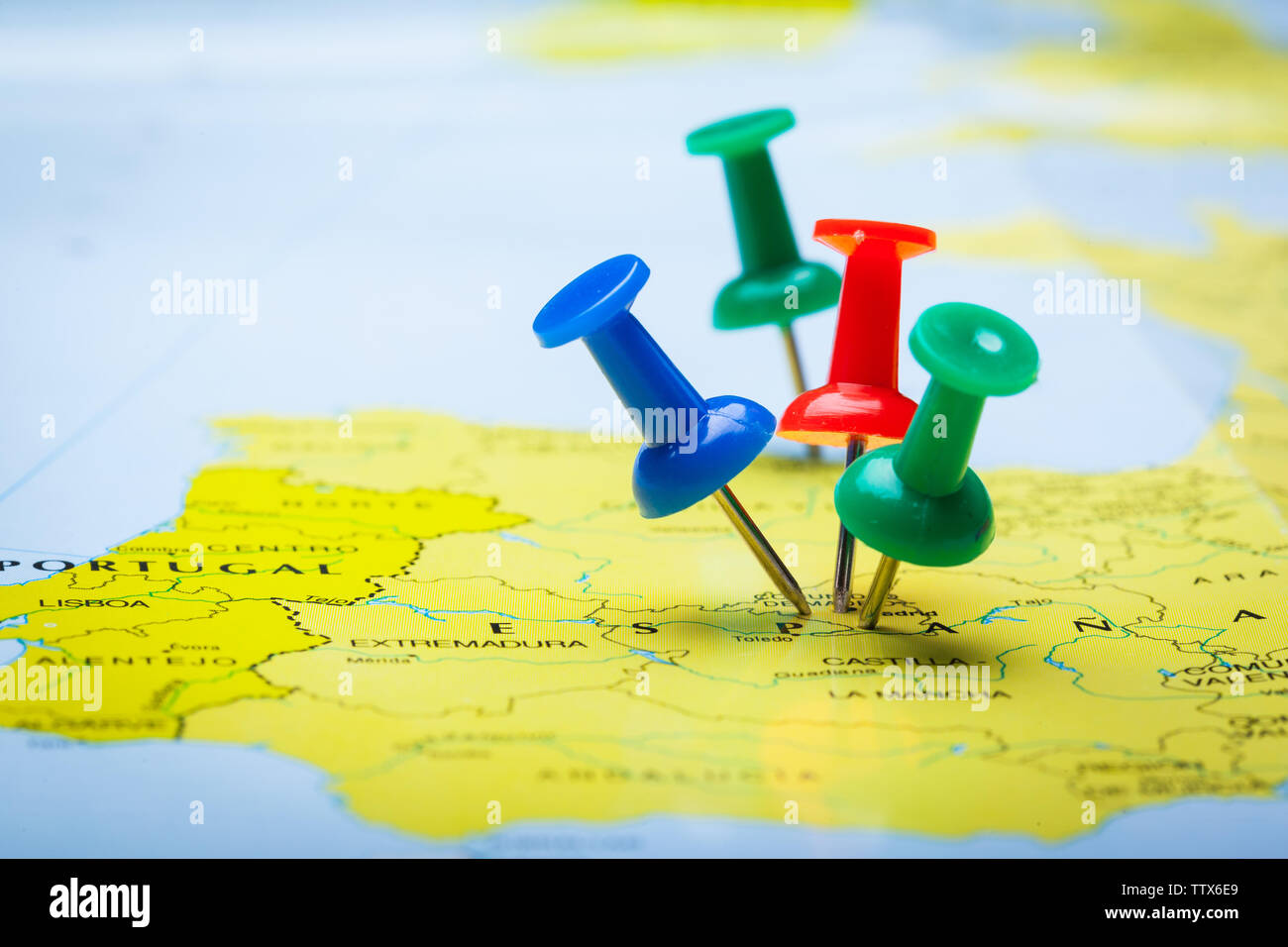 Travel destination points on a map indicated with colorful thumbtacks ...