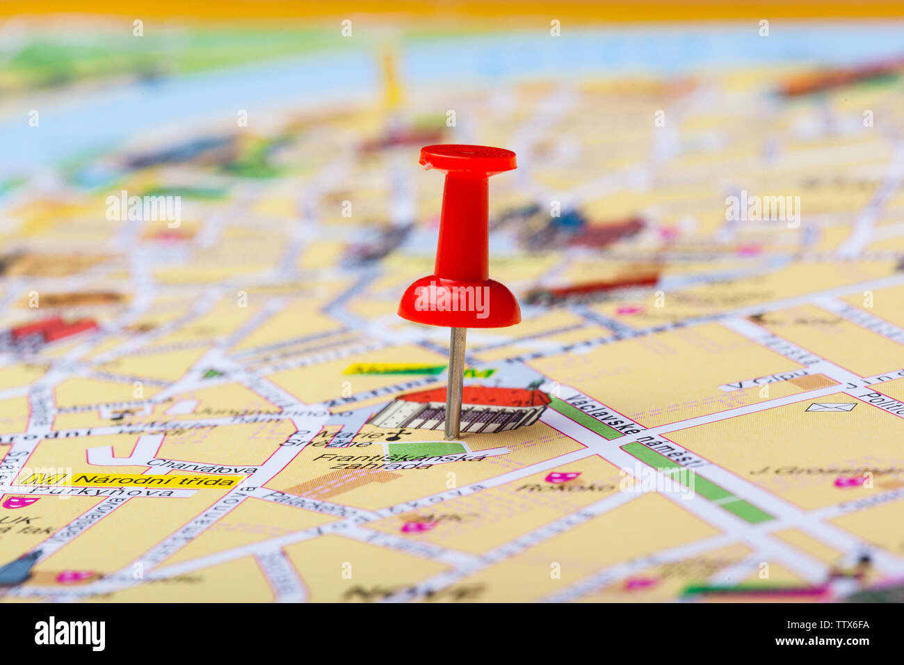 Travel destination points on a map indicated with colorful thumbtacks ...
