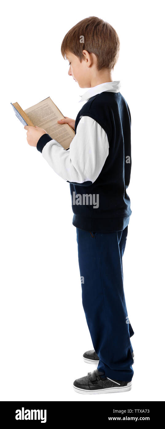 Cute boy with book on white background Stock Photo - Alamy