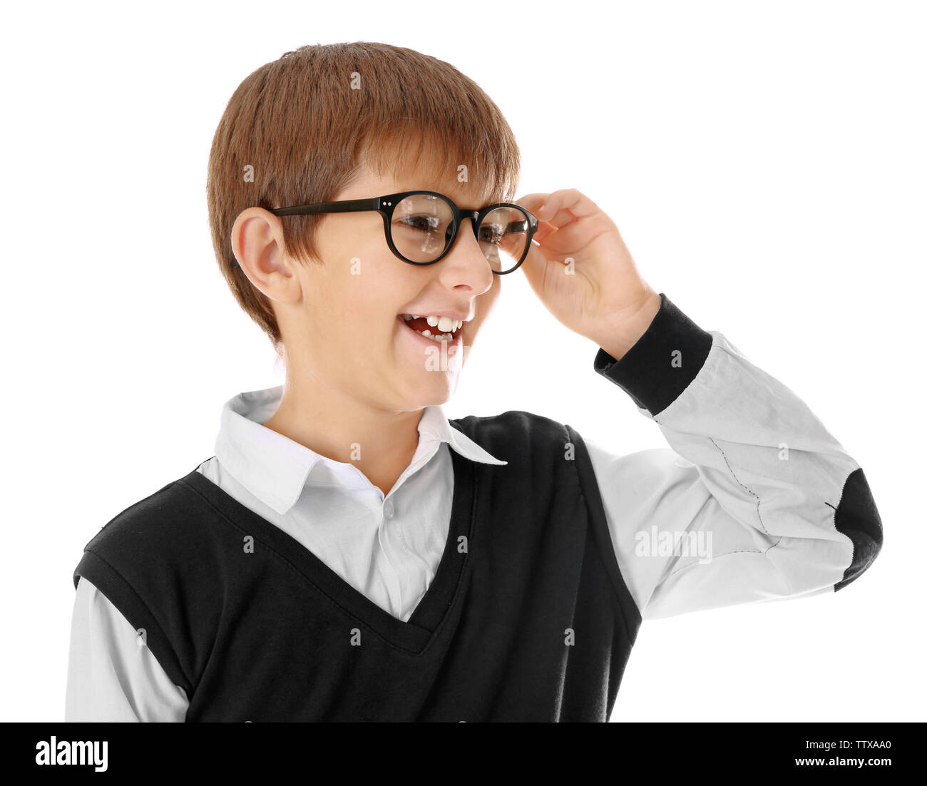 Cute schoolboy wearing spectacles on white background Stock Photo - Alamy