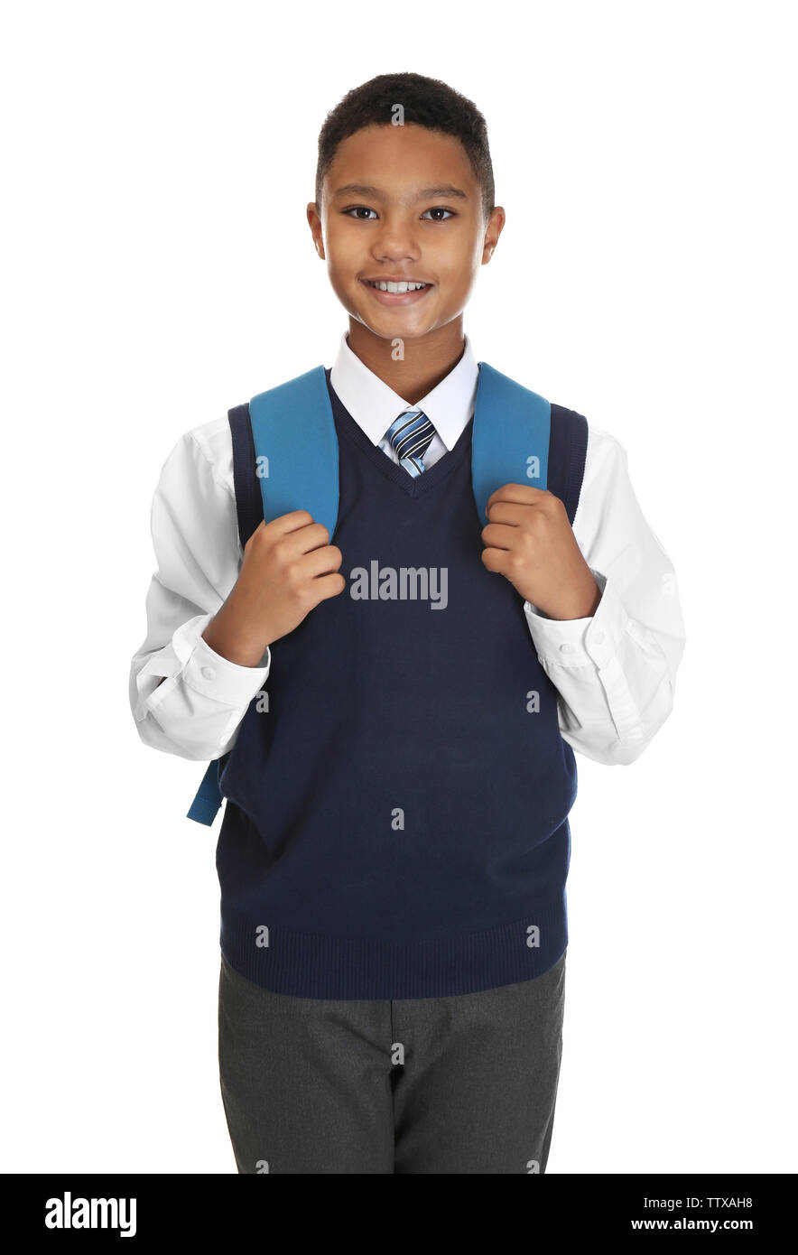 Teenage schoolboy with backpack on white background Stock Photo - Alamy
