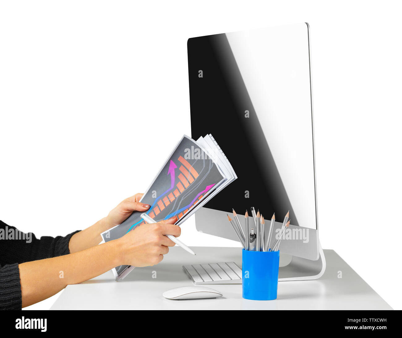Woman hands working with computer keyboard isolated on white background ...