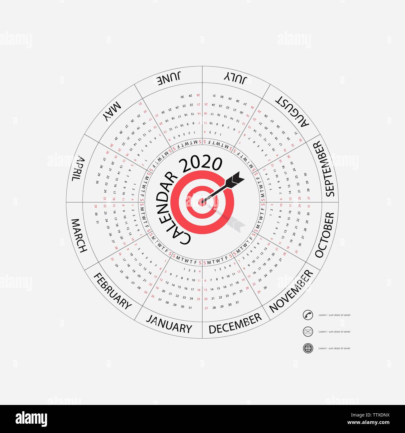 2020 Calendar Template.Circle calendar template.Calendar 2020 Set of 12 ...