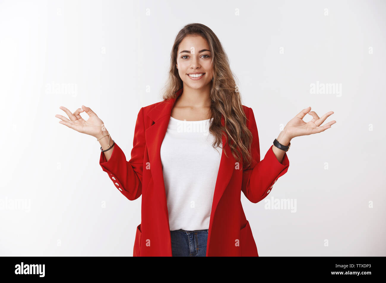 Happy calm stress-free modern 25s businesswoman control feelings hands ...