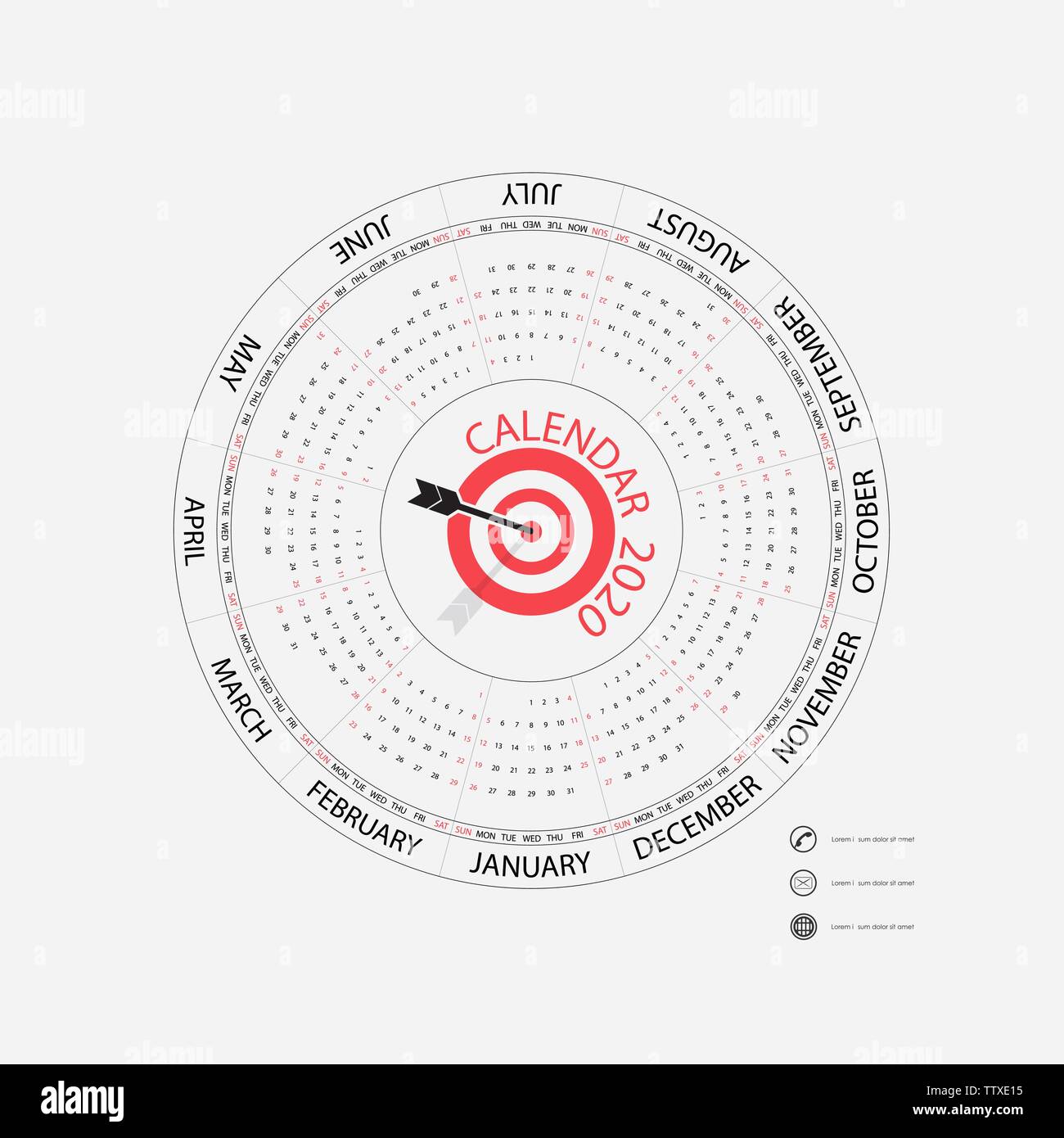 2020 Calendar Template.Circle calendar template.Calendar 2020 Set of 12 ...