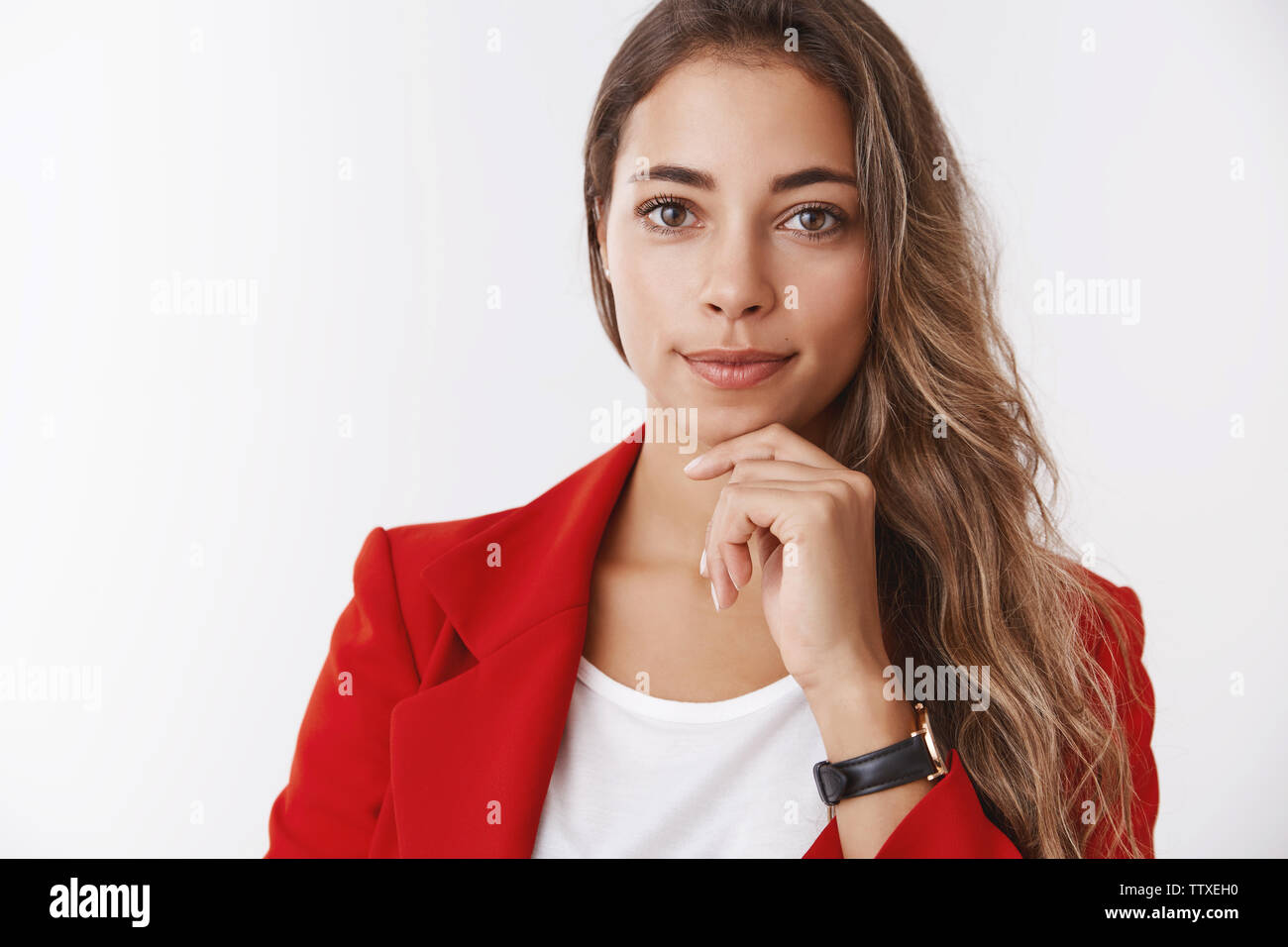 Very interesting keep going. Portrait intrigued businesswoman listening ...