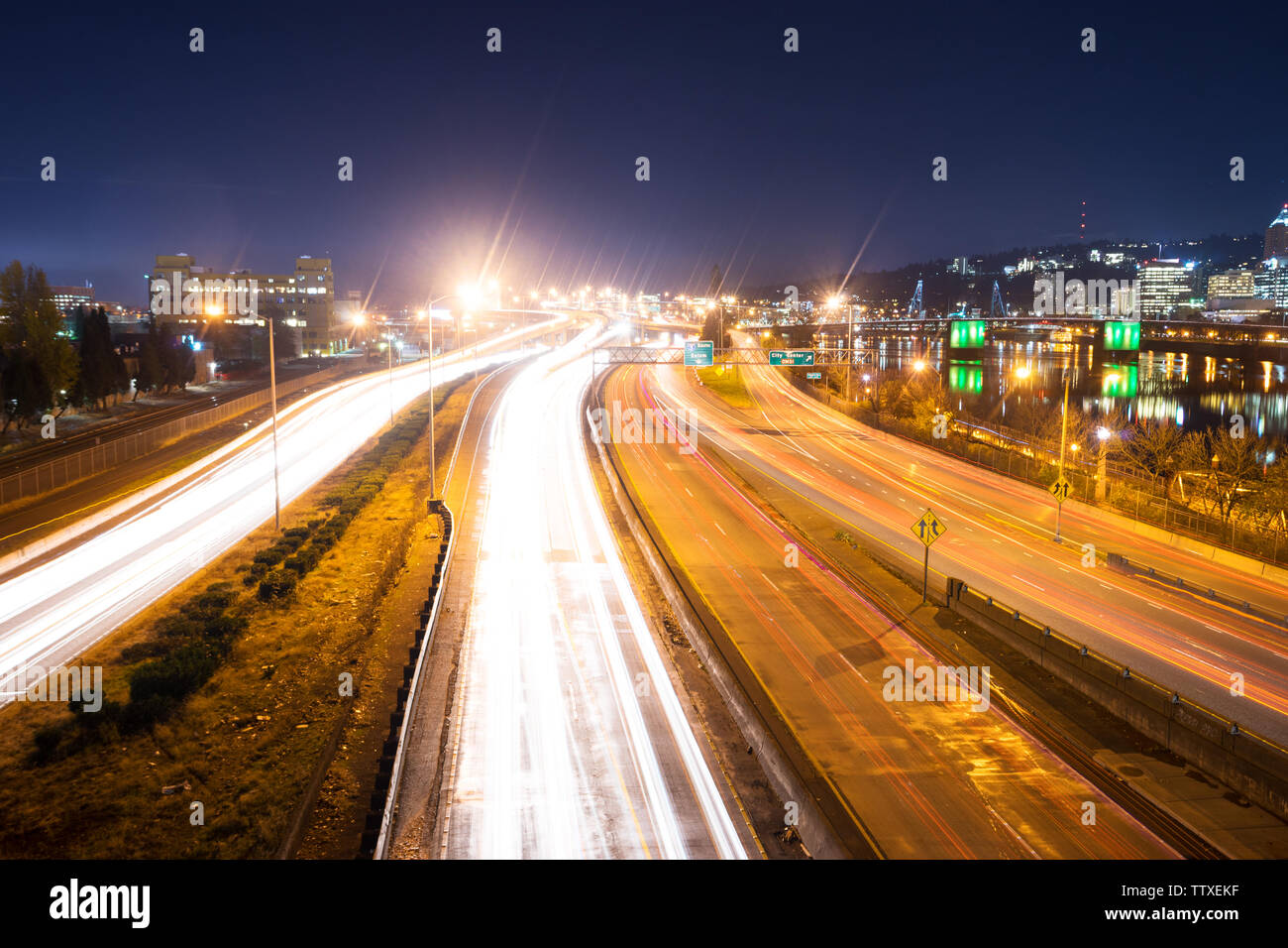 busy traffic on road at night in portland Stock Photo - Alamy