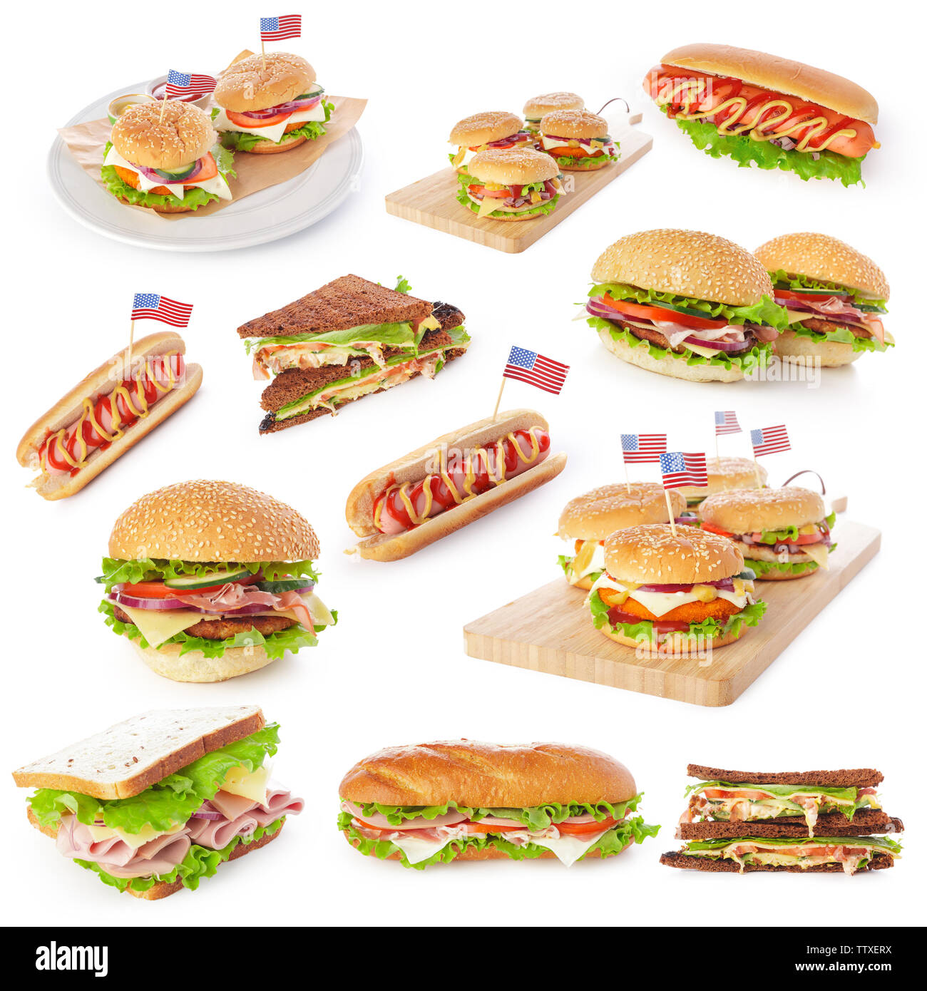 Junk fast food collage of burgers, sandwiches and hot-dogs isolated on ...