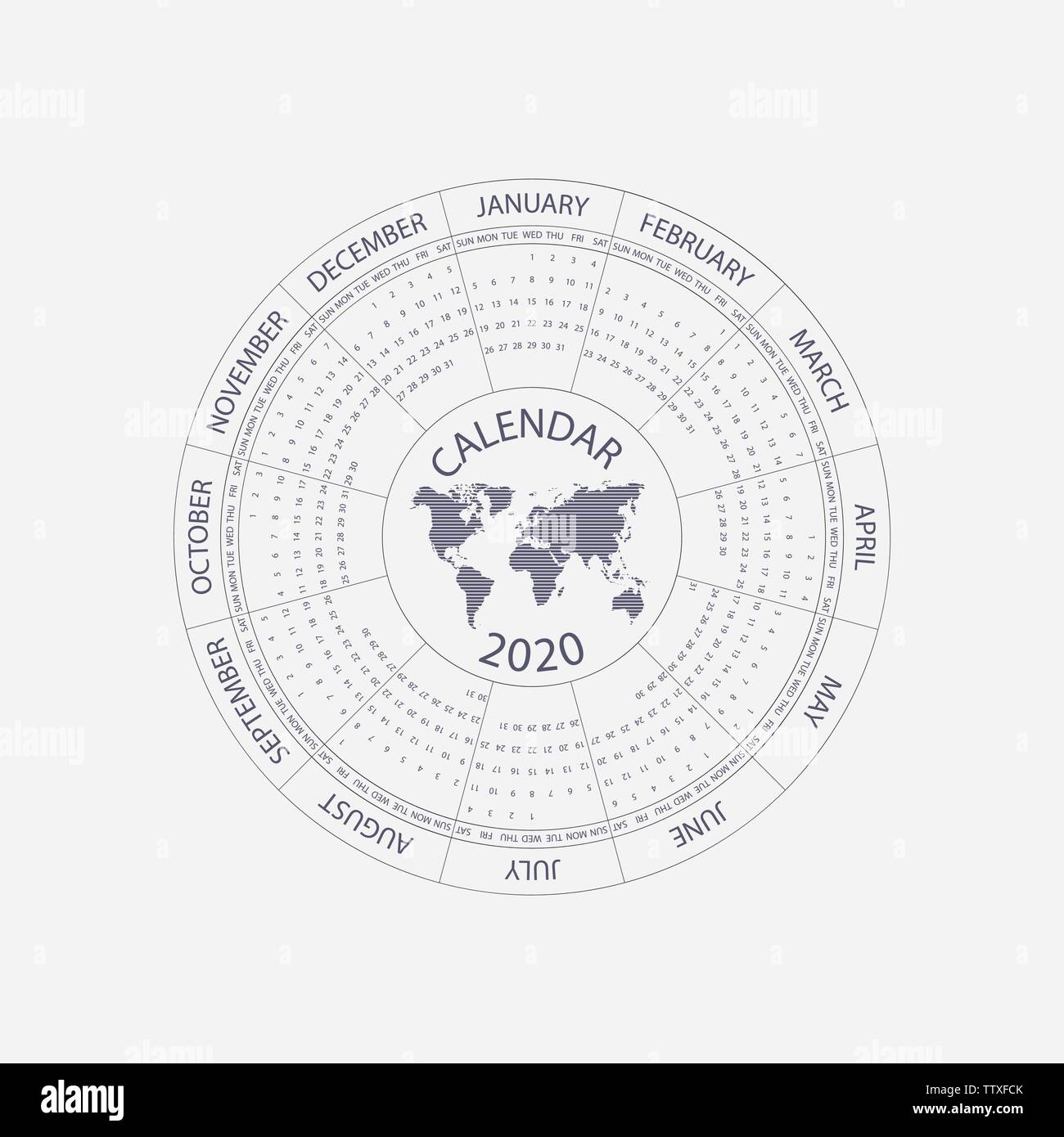 2020 Calendar Template.Circle calendar template.Calendar 2020 Set of 12 ...