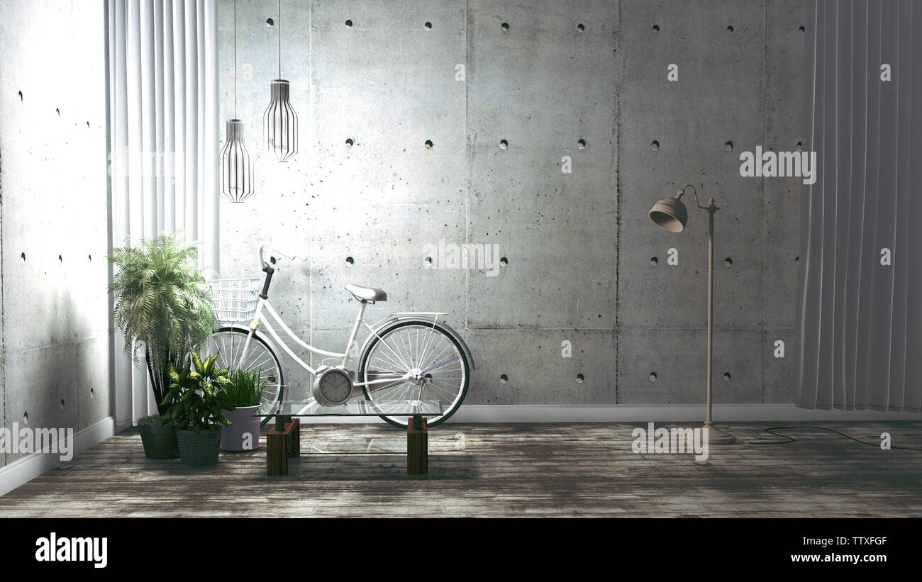 Empty - Living Room Loft Style Interior Design. 3D Rendering Stock ...