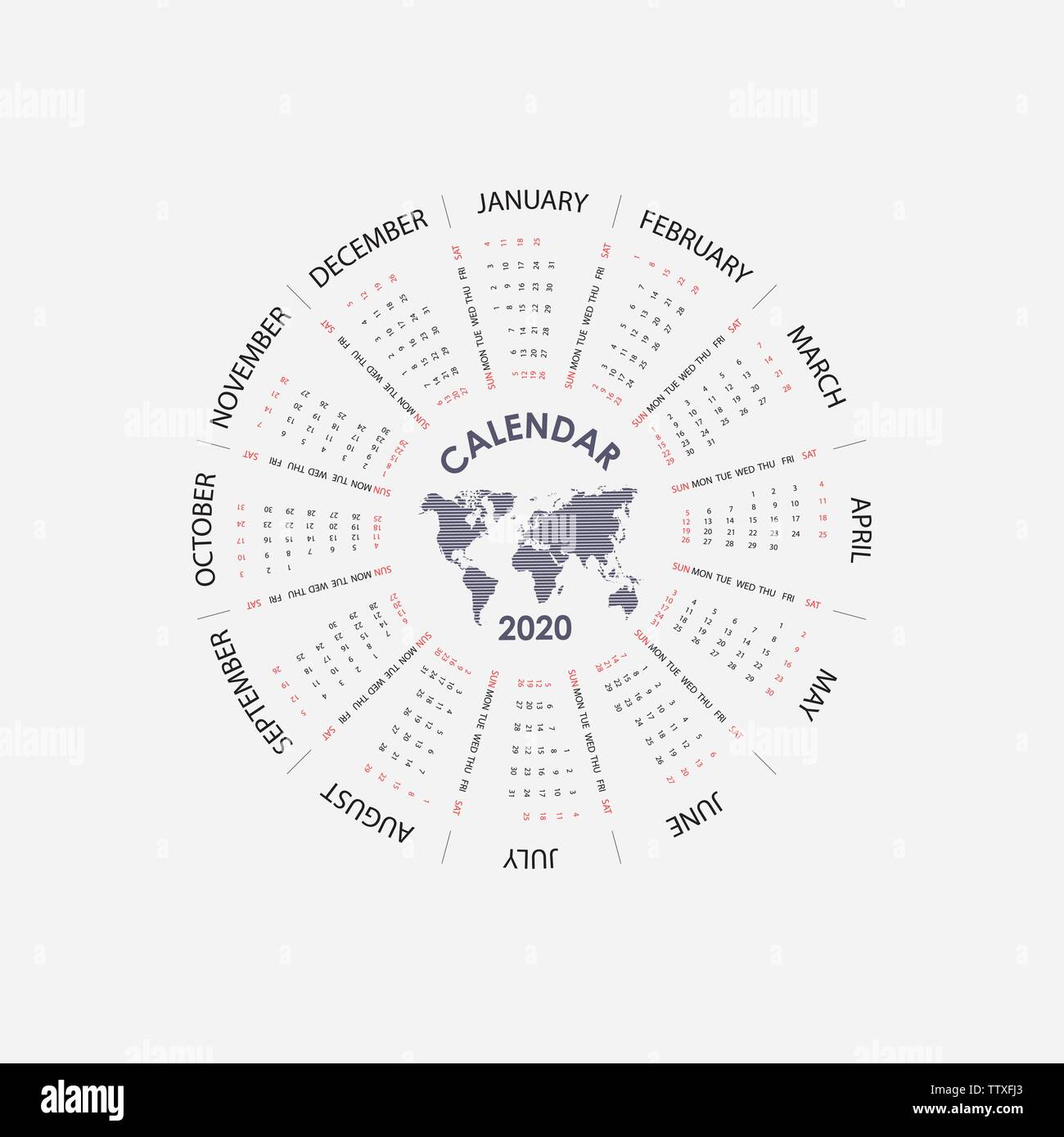 2020 Calendar Template.Circle calendar template.Calendar 2020 Set of 12 ...
