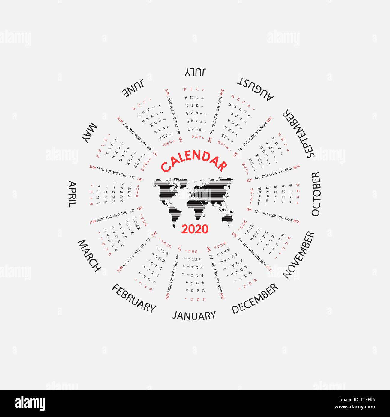 2020 Calendar Template.Circle calendar template.Calendar 2020 Set of 12 ...