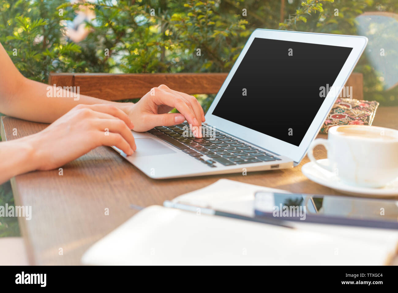 Woman using a laptop during a coffee break Stock Photo - Alamy