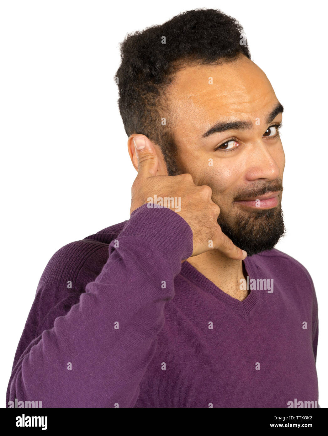 Call center. Man showing call sign. Business people concept Stock Photo ...