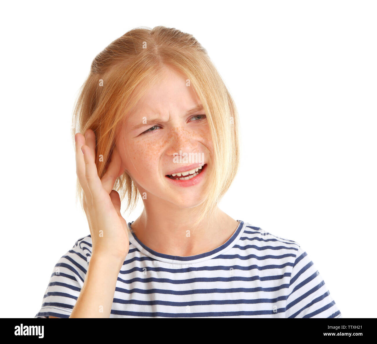 Upset girl with ear pain isolated on white Stock Photo - Alamy