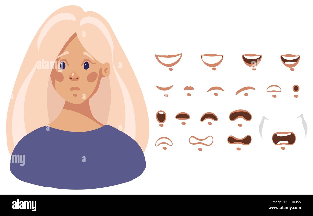 Head A young girl character constructor with different emotions and lip ...