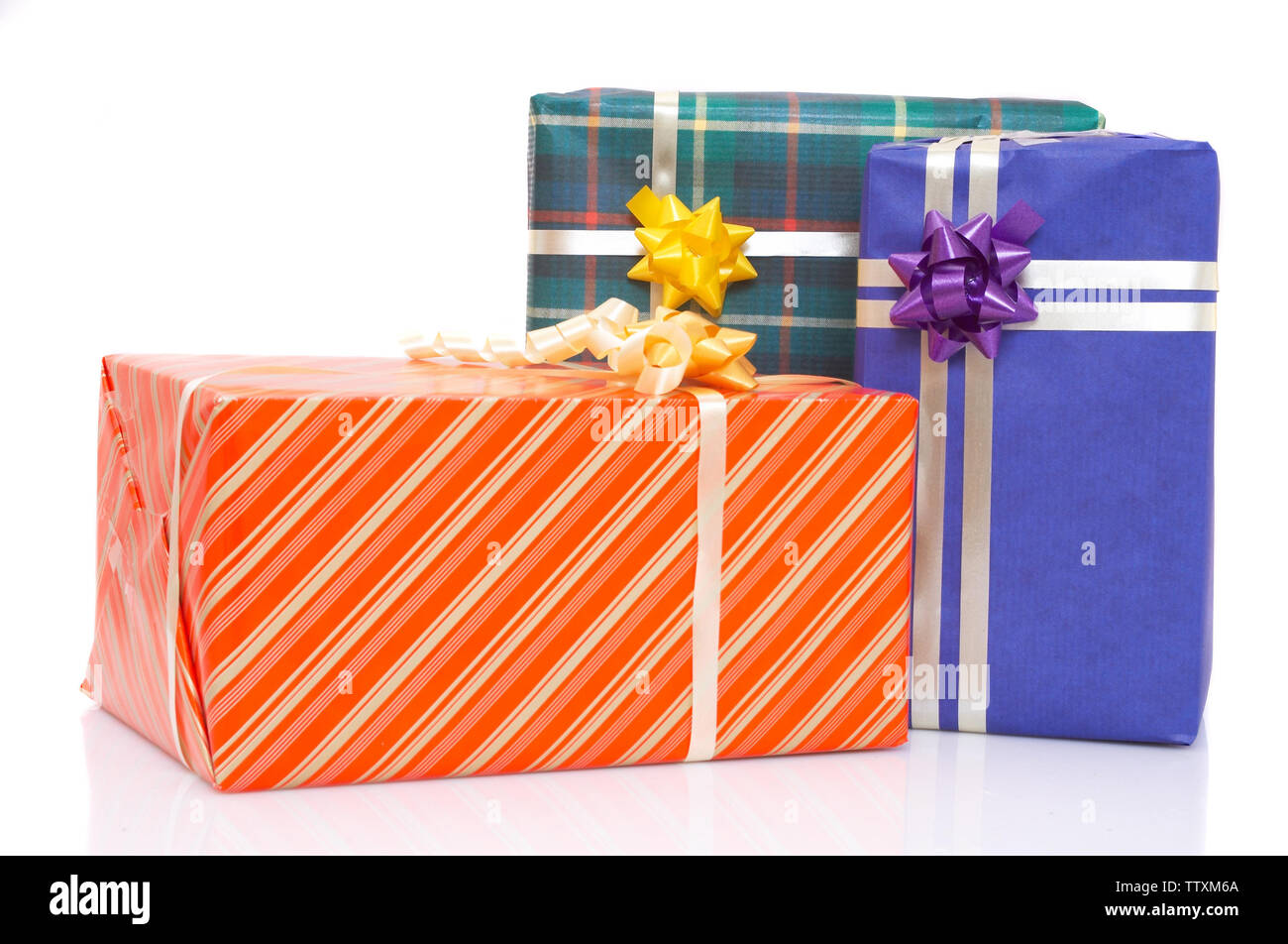 colorful presents close up on white background Stock Photo - Alamy