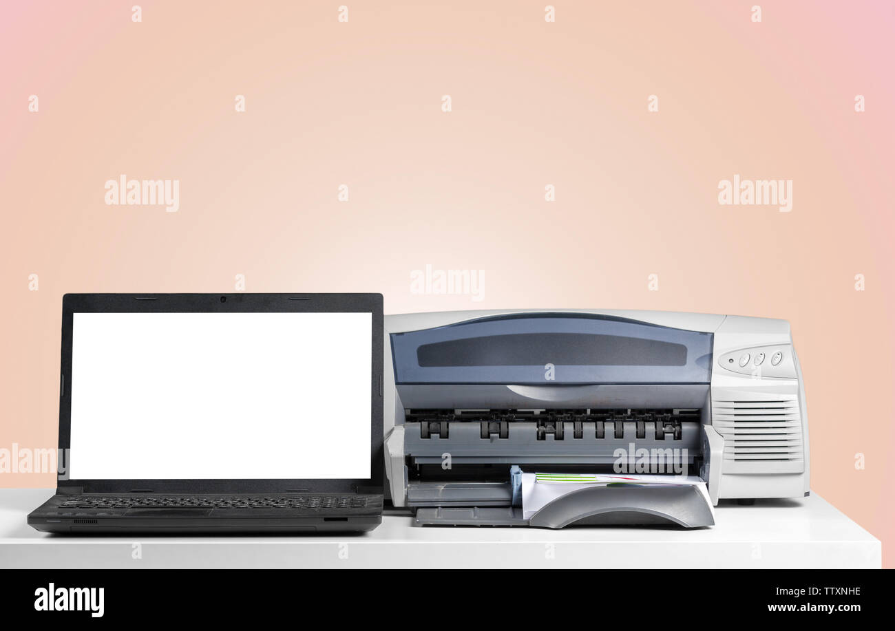 Printer and computer. Office table Stock Photo - Alamy