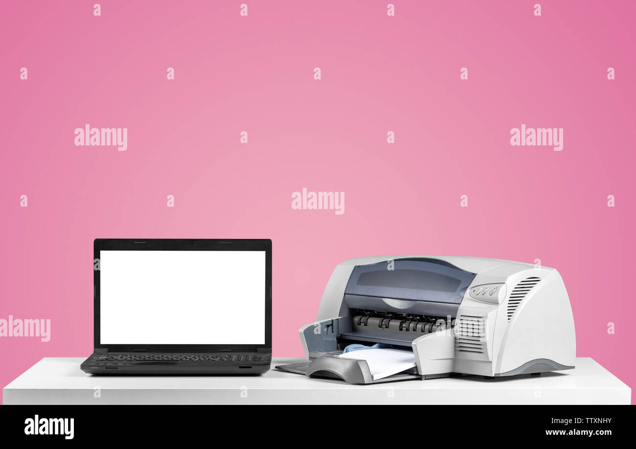 Printer and computer. Office table Stock Photo - Alamy