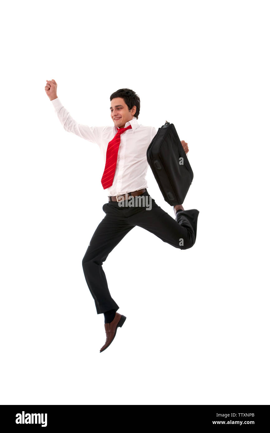 very happy businessman jumping really high on white background Stock ...