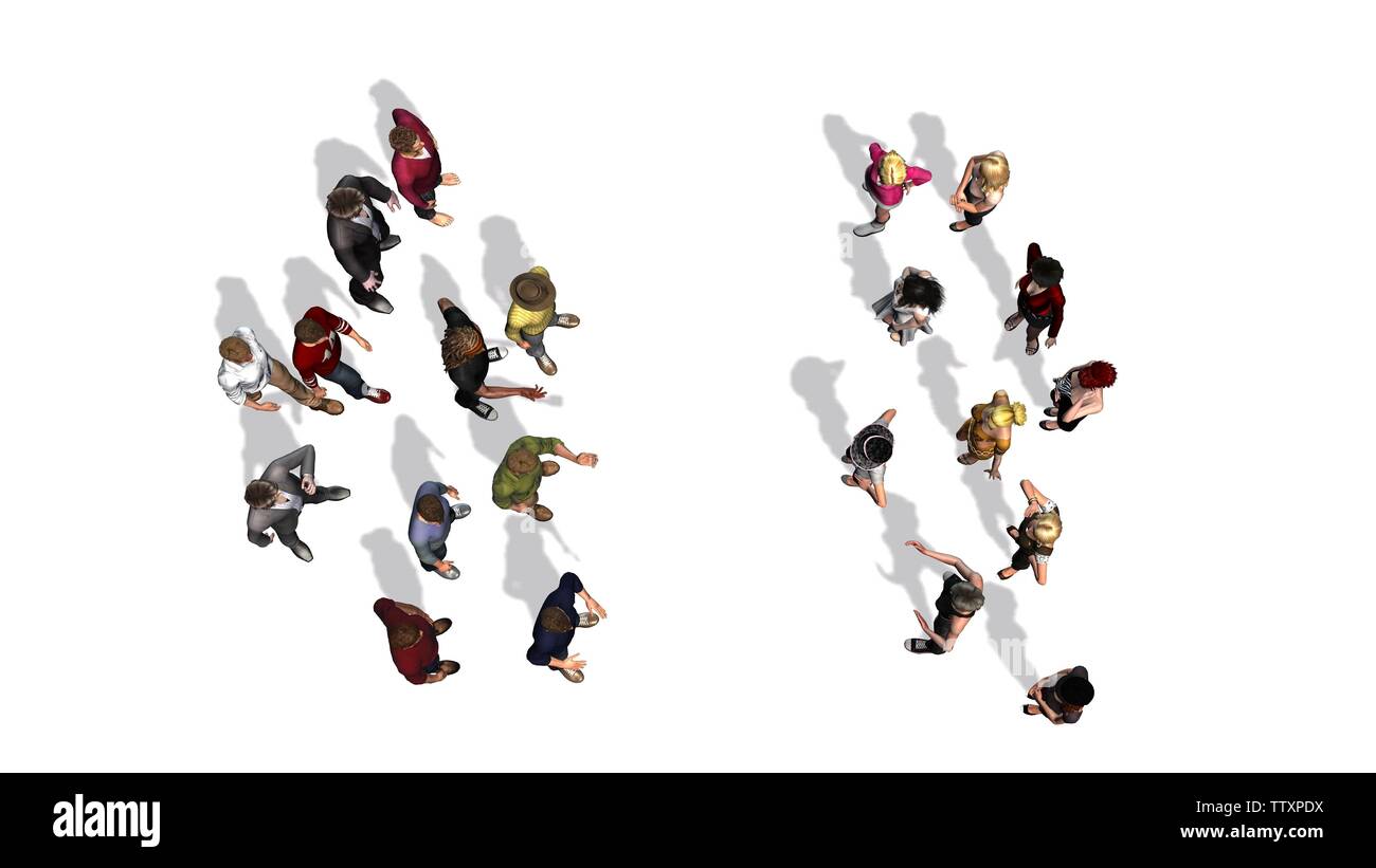 People - a group of women and men stand opposite each other - top view ...