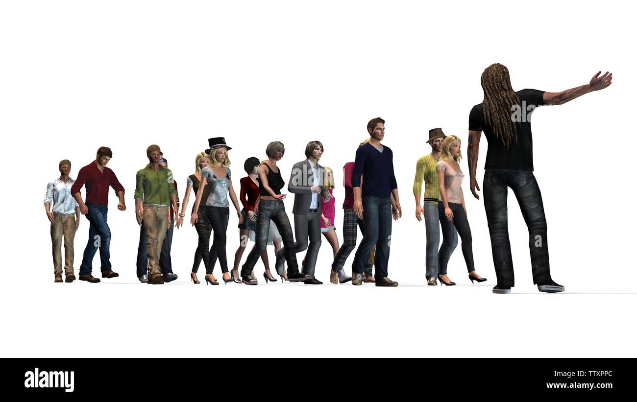 People - a group of women and men following the direction of a man ...