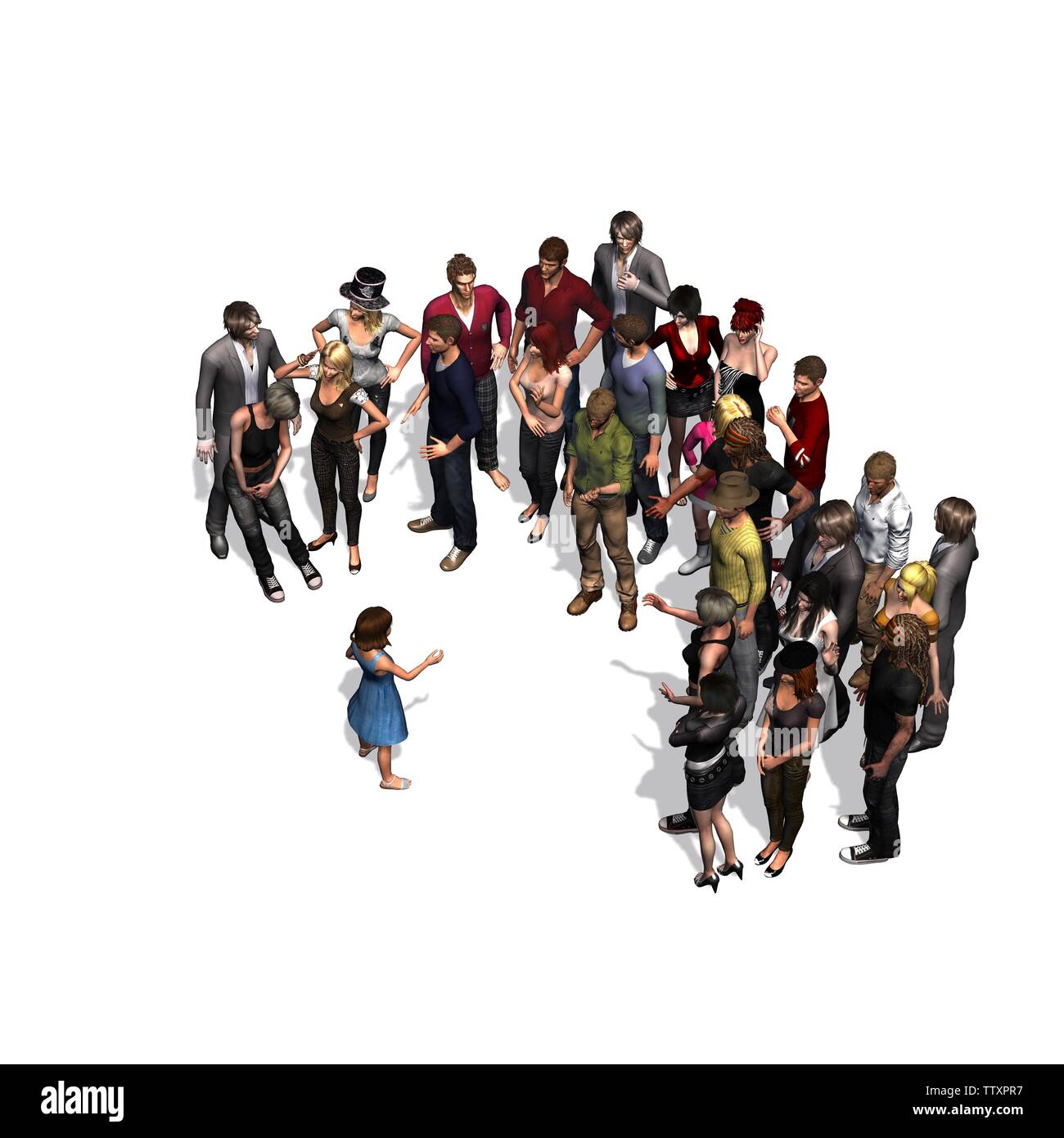 a child in conversation to a group of people - isolated on white ...