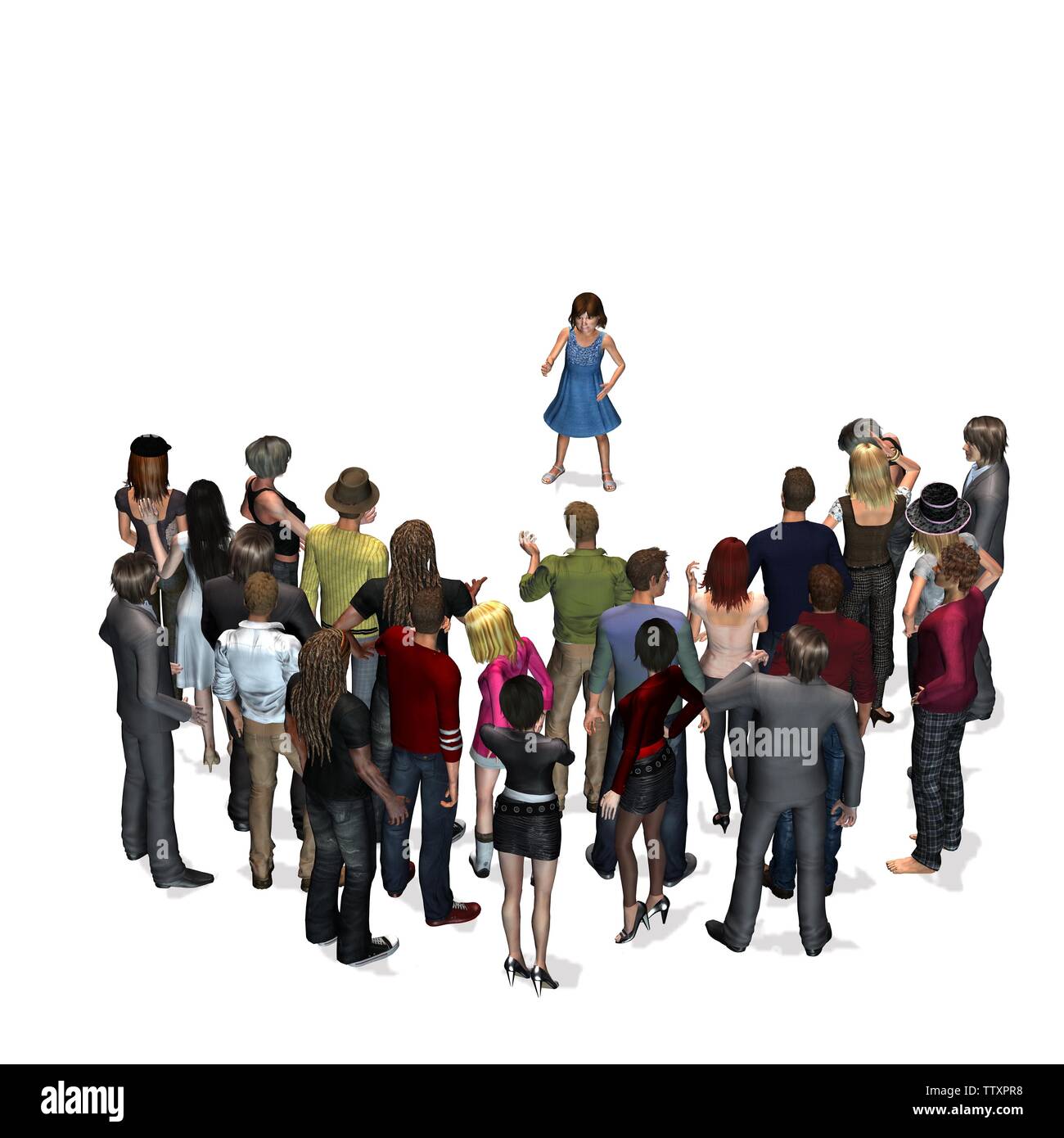 a child in conversation to a group of people - isolated on white ...