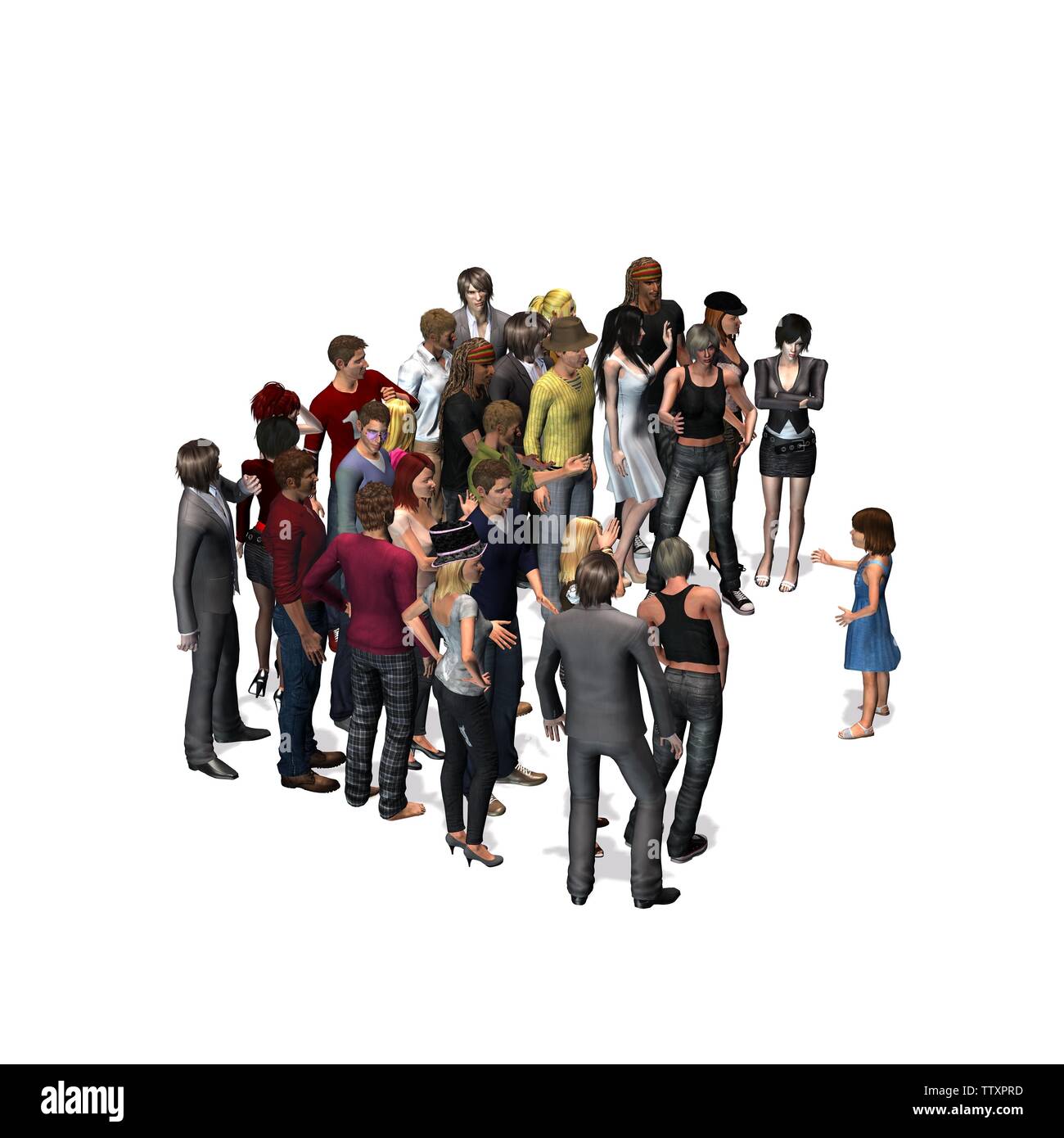 a child in conversation to a group of people - isolated on white ...