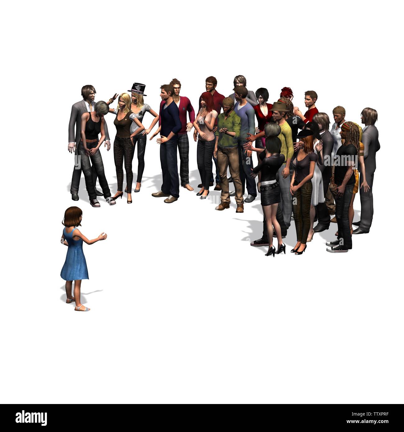 a child in conversation to a group of people - isolated on white ...