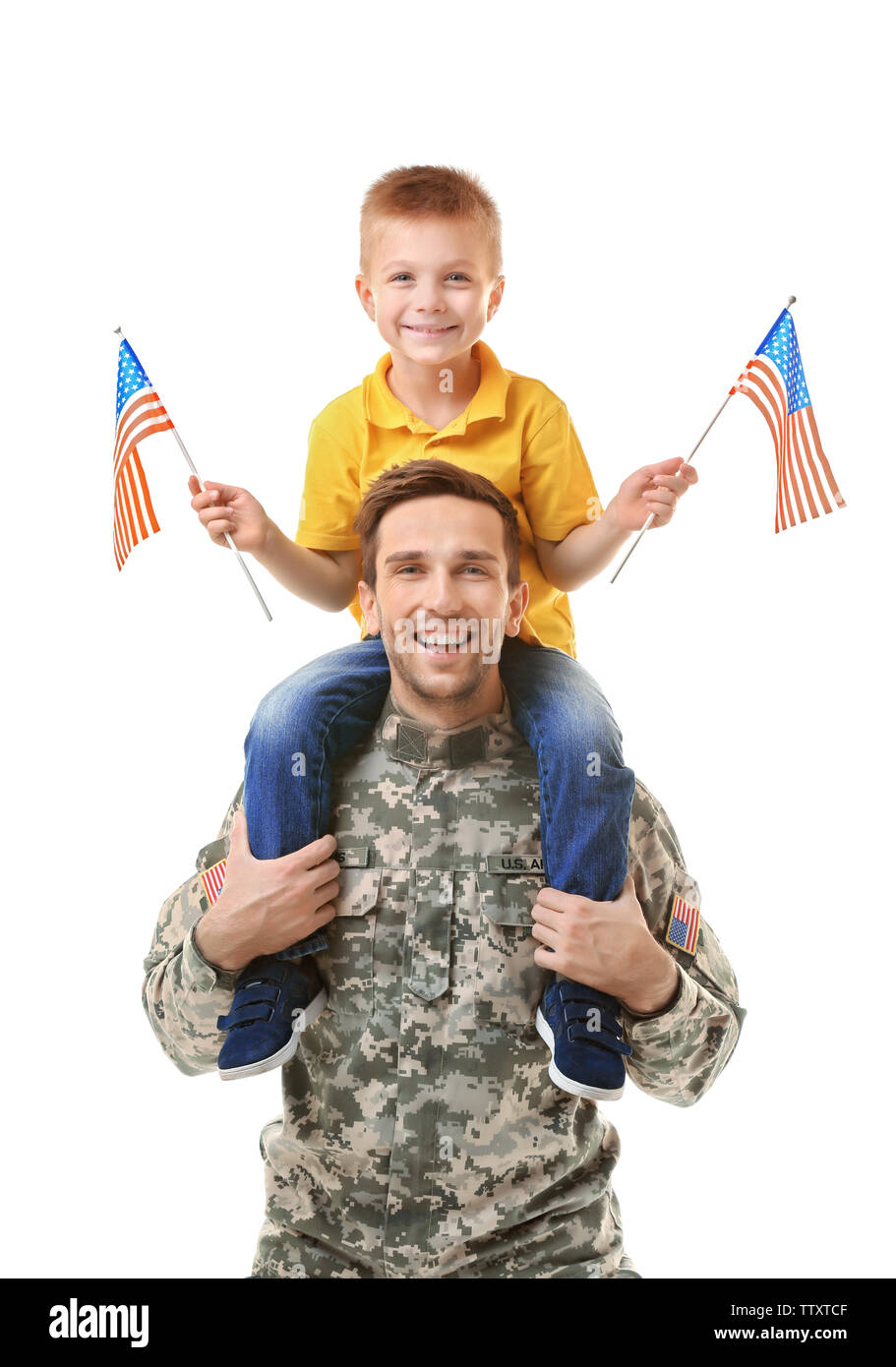 Military father with his son on white background Stock Photo - Alamy