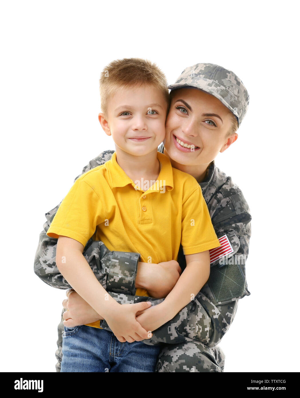 Military mother with her son on white background Stock Photo - Alamy