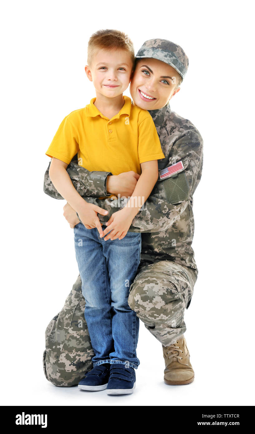Military mother with her son on white background Stock Photo - Alamy