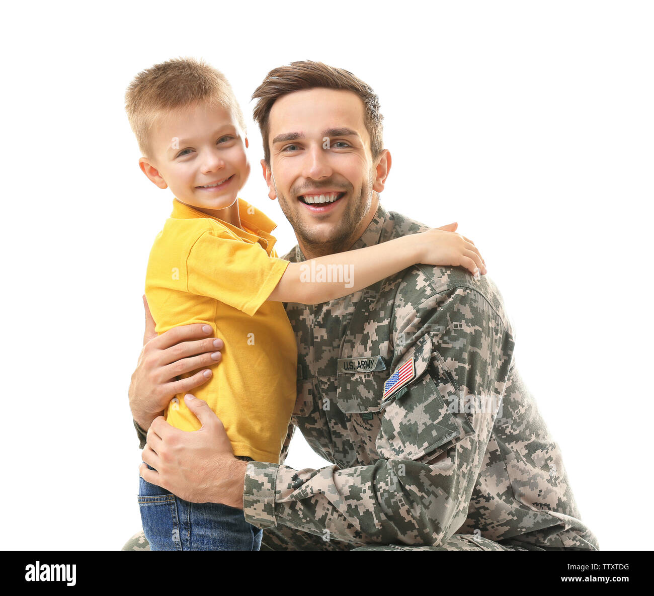 Military father with his son on white background Stock Photo - Alamy