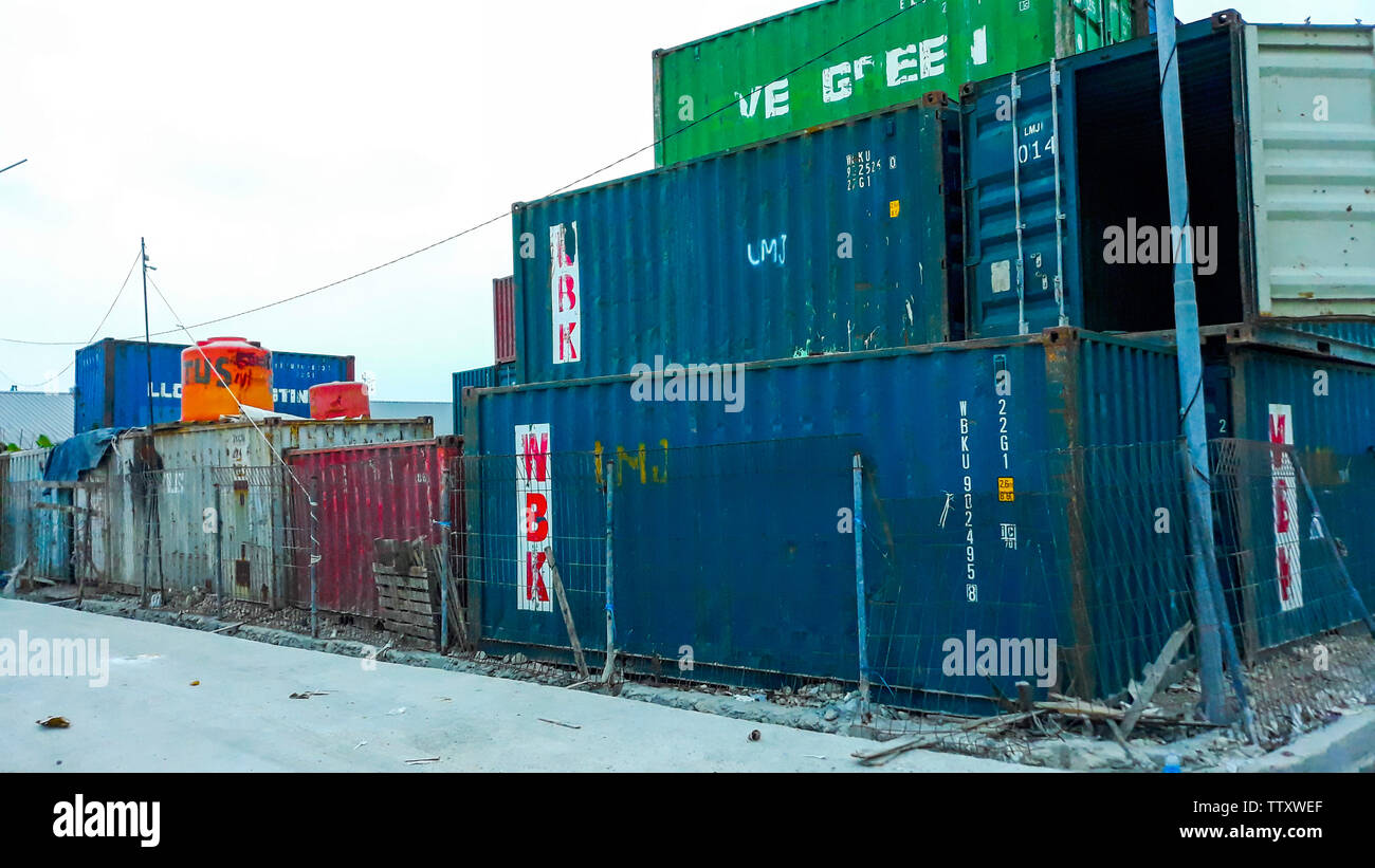 JAKARTA, INDONESIA, JUNE 18 2019 : Containers box from Cargo freight ...