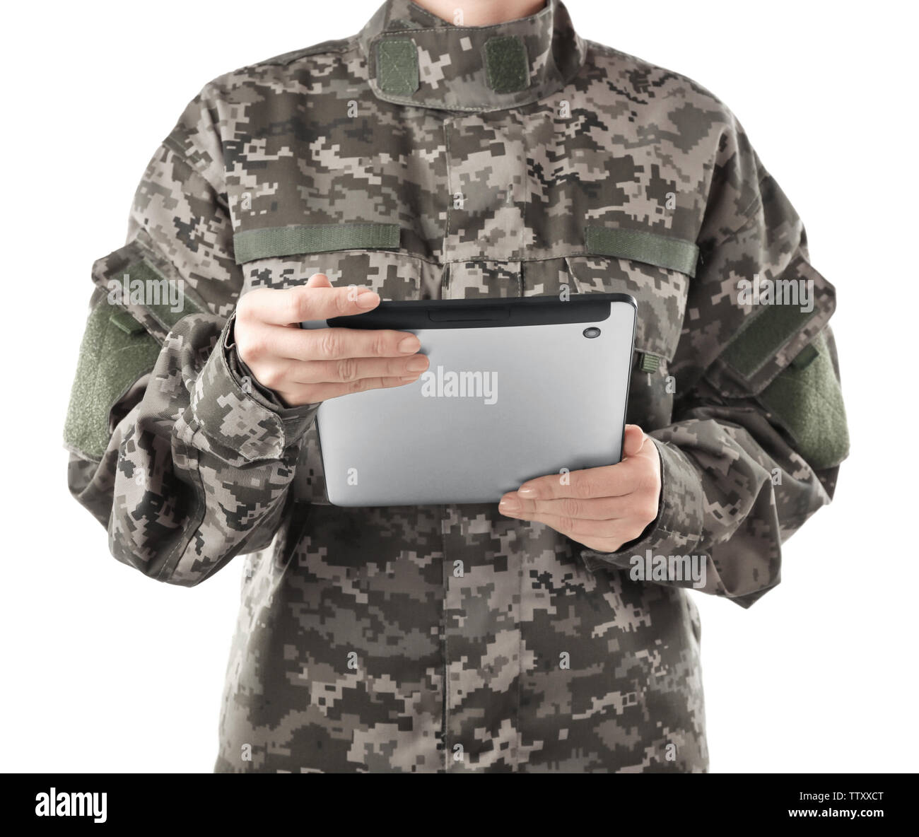 Soldier holding tablet. Military education concept Stock Photo - Alamy