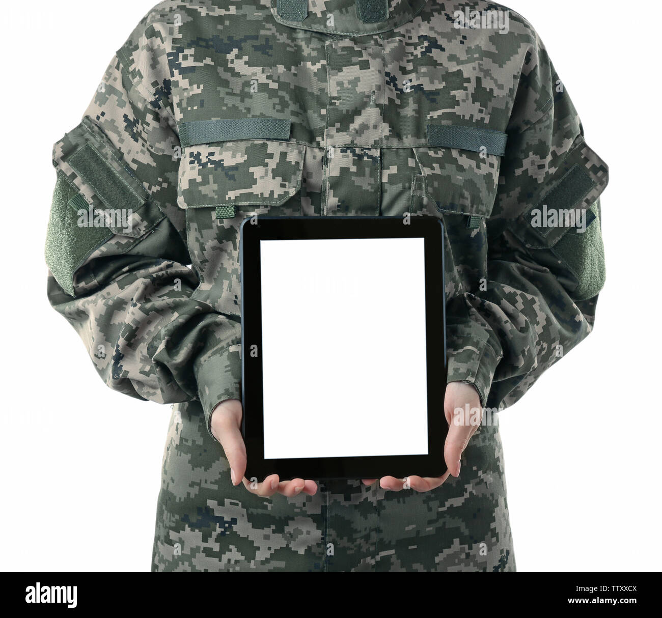 Soldier holding tablet. Military education concept Stock Photo - Alamy