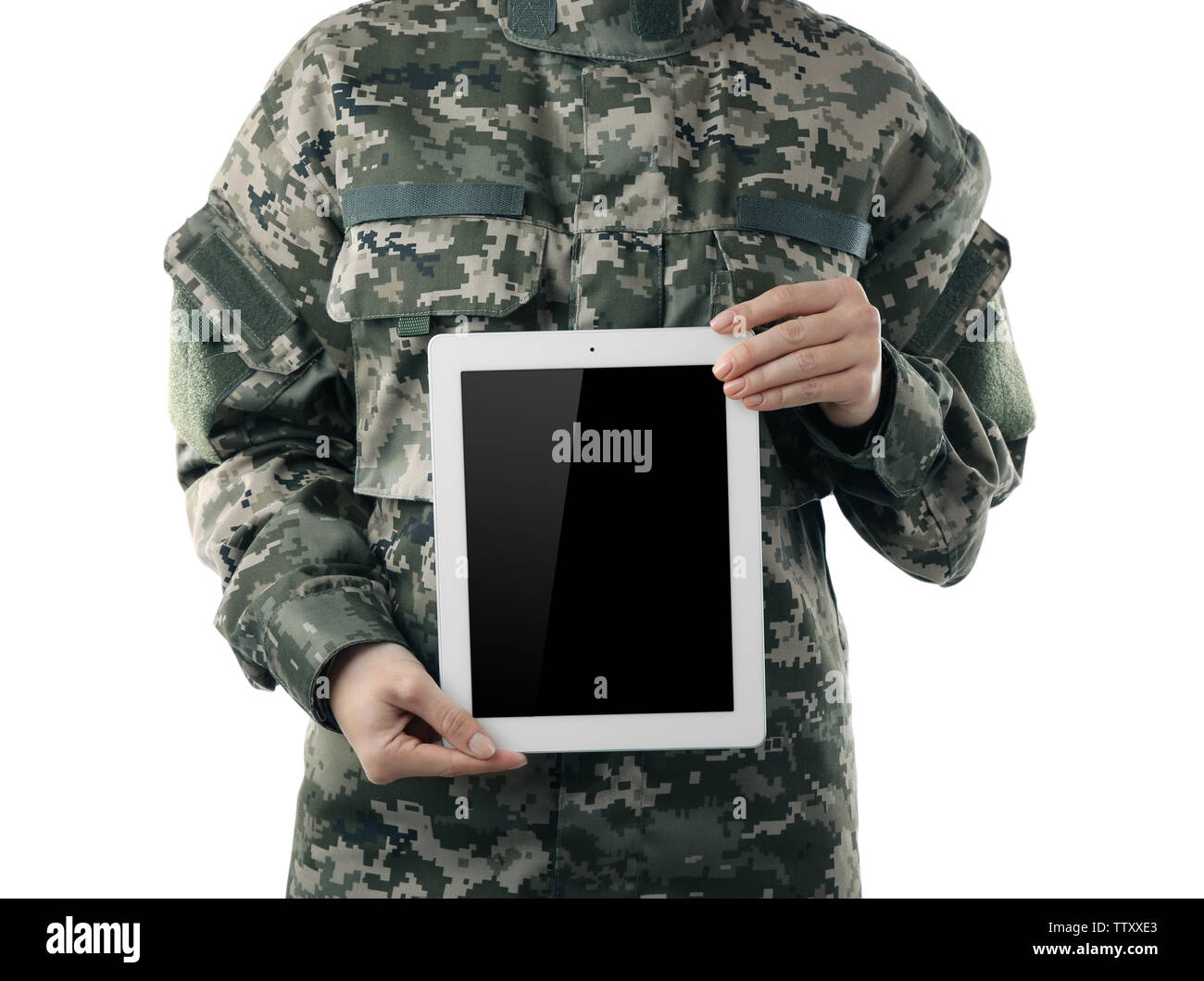Soldier holding tablet. Military education concept Stock Photo - Alamy