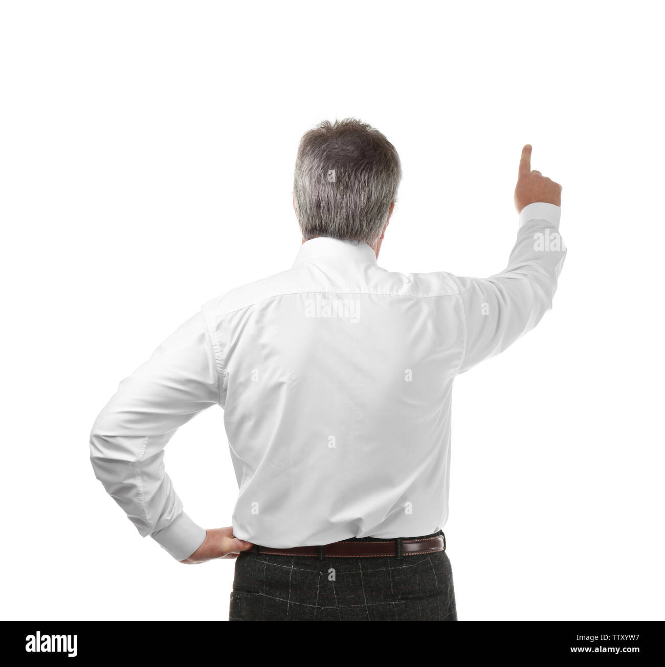 Senior businessman standing back on white background Stock Photo - Alamy