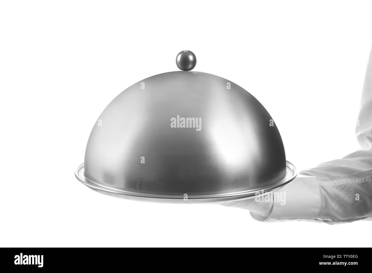 Male waiter holding cloche and tray on white background Stock Photo - Alamy
