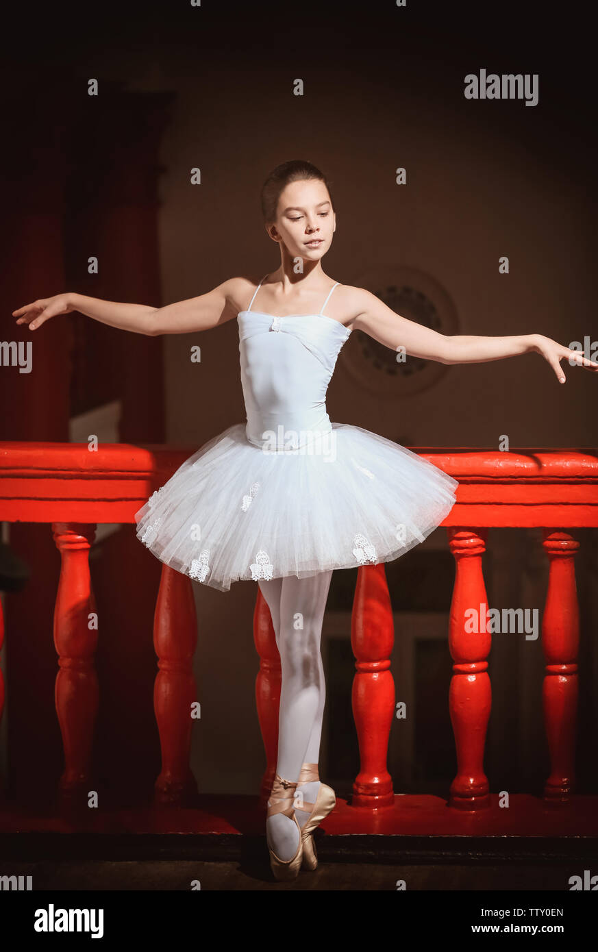 Young beautiful ballerina beside railing on dark background Stock Photo - Alamy