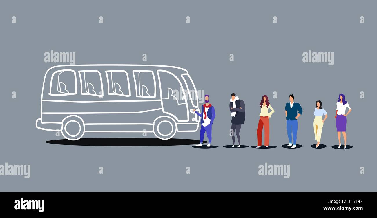 group of people tourists standing line queue to boarding tour bus men ...