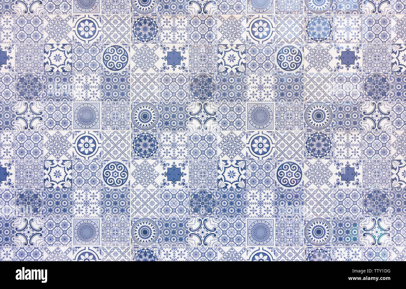White and blue geometric azulejo tile wall texture or background Stock ...