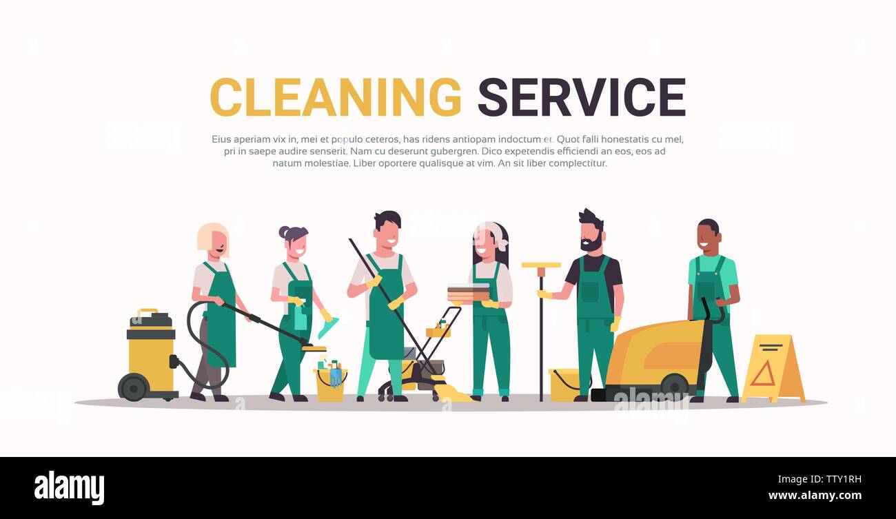 janitors team cleaning service concept male female mix race cleaners in ...