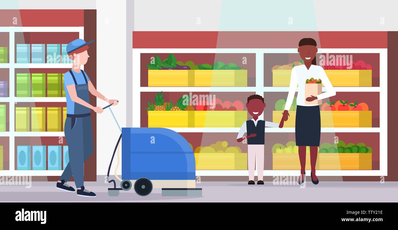 man using professional washing machine male cleaner supermarket janitor ...